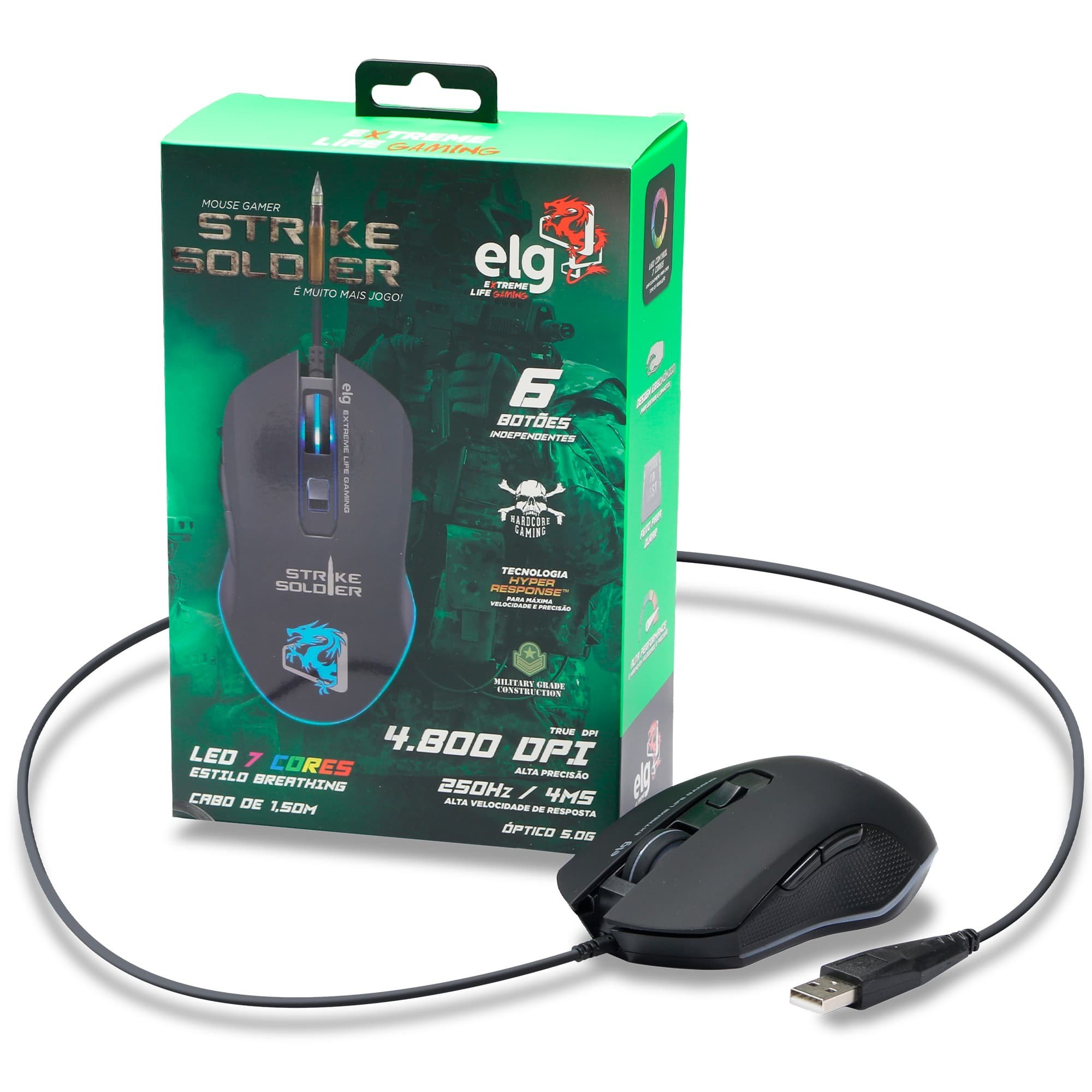 Mouse Gamer Striker Soldier Led 6 Botões 4800 DPI MGSS ELG