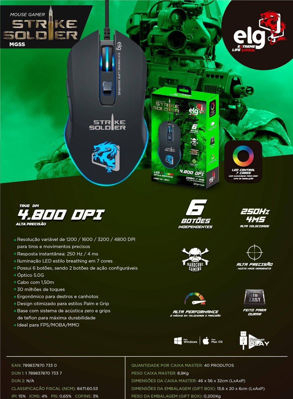 Mouse Gamer Striker Soldier Led 6 Botões 4800 DPI MGSS ELG